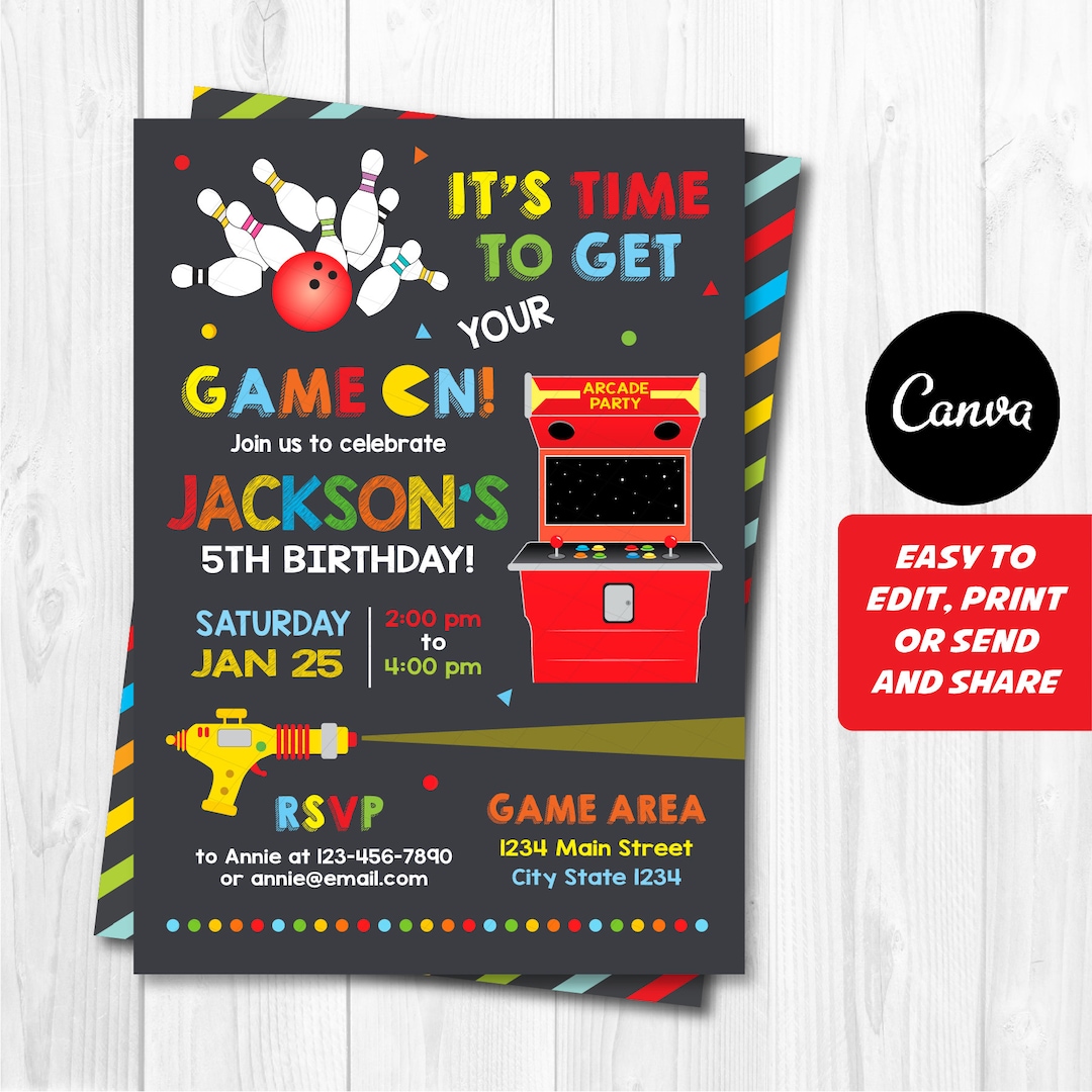 EDITABLE, Arcade, Laser Tag, Bowling Invitation, Arcade Invitation ...