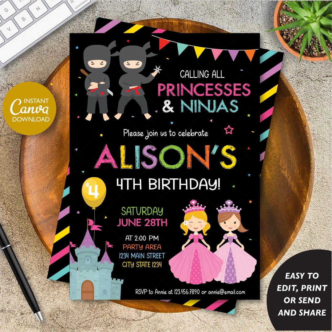 Editable Ninjas and Princesses Birthday Invitation, Ninja and Princess ...