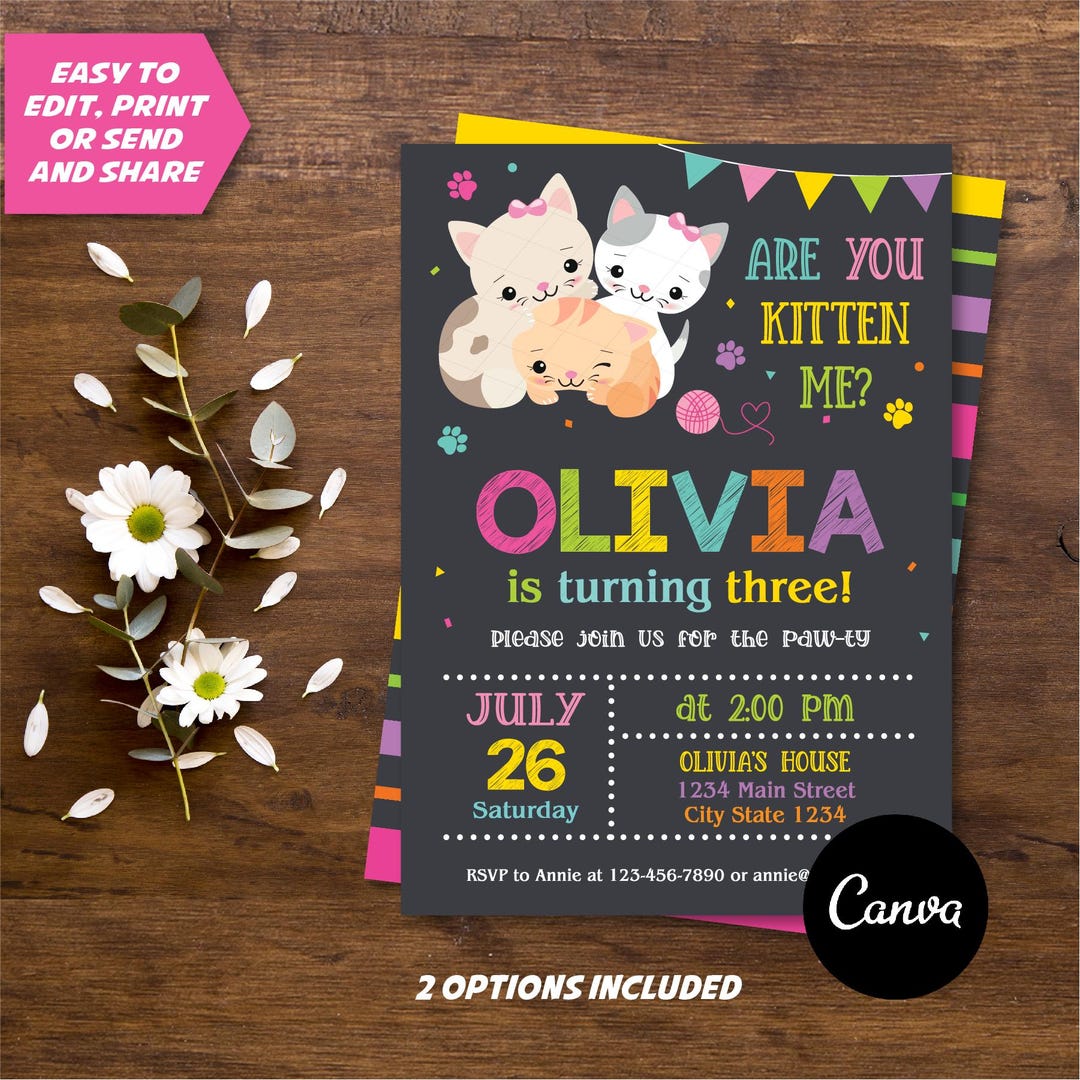 Editable, Cat Birthday Invitation, Kitty Birthday Party, Canva Template ...