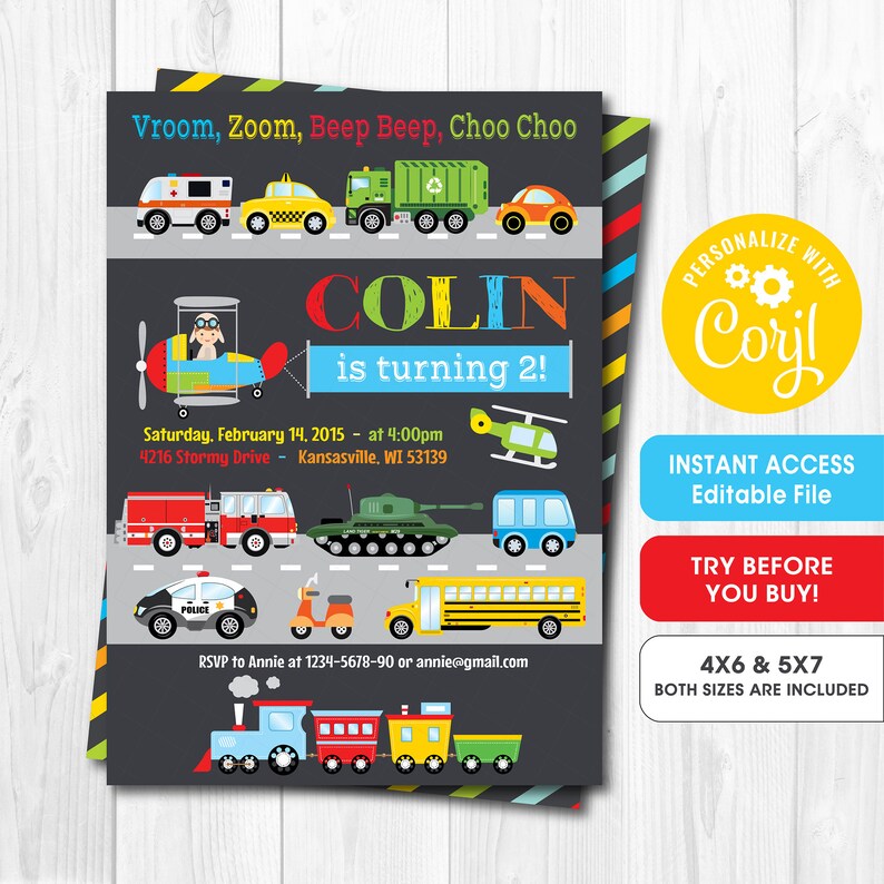 EDITABLE Transportation Birthday Invitation Transportation - Etsy