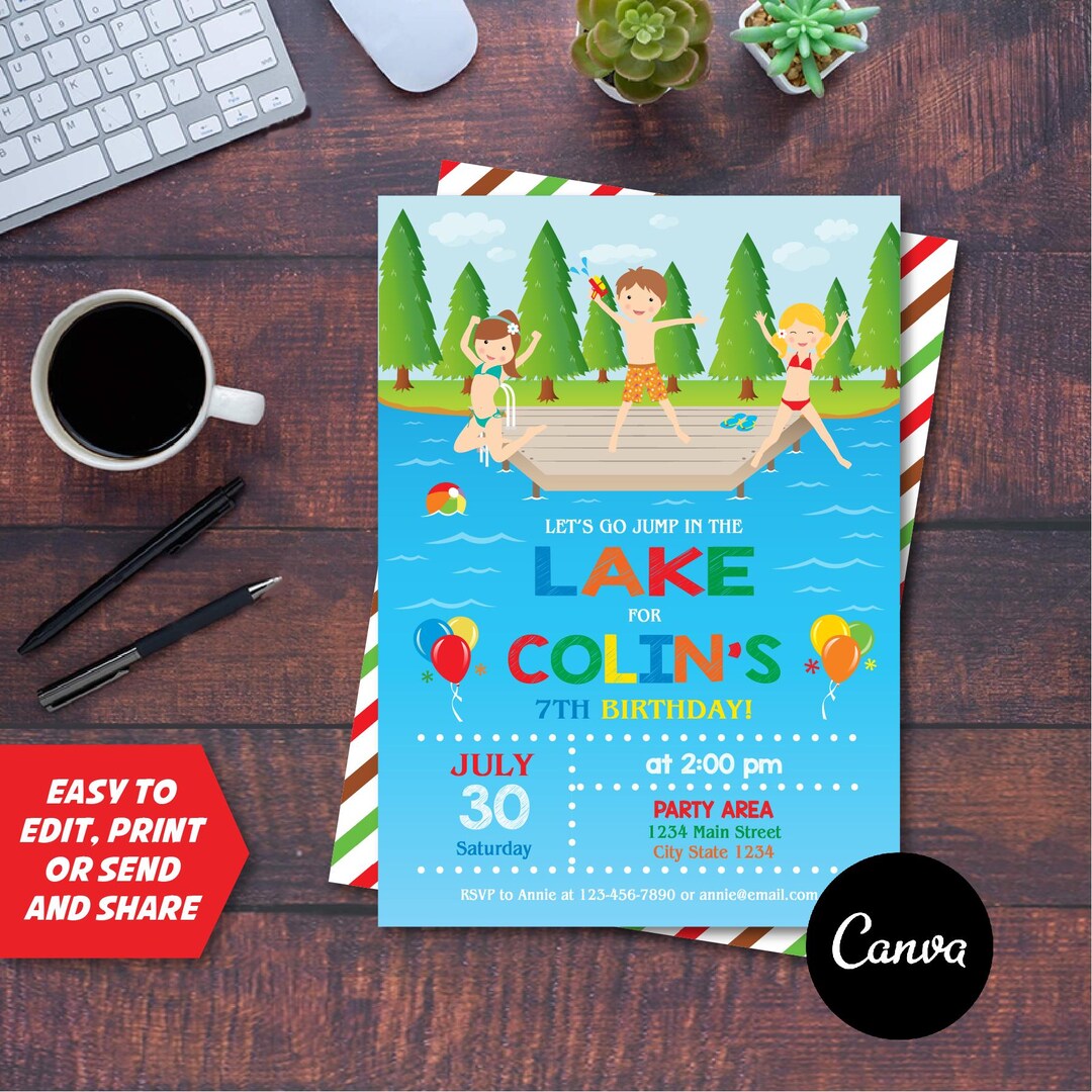 Editable, Lake Birthday Invitation, Lake Party, Boys Birthday, Canva ...