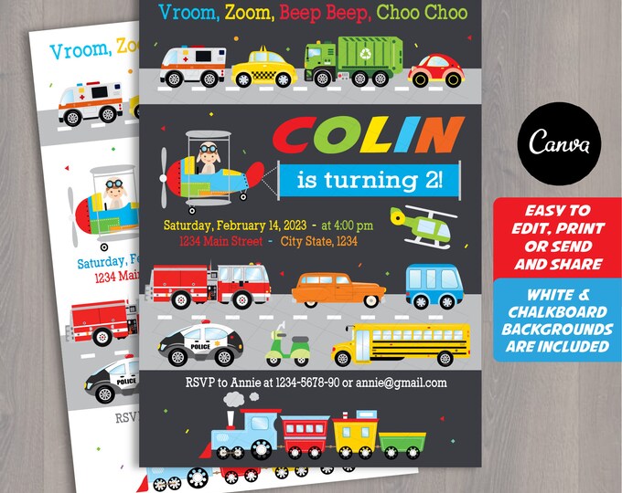EDITABLE, Transportation Birthday Invitation, Transportation Invitation ...