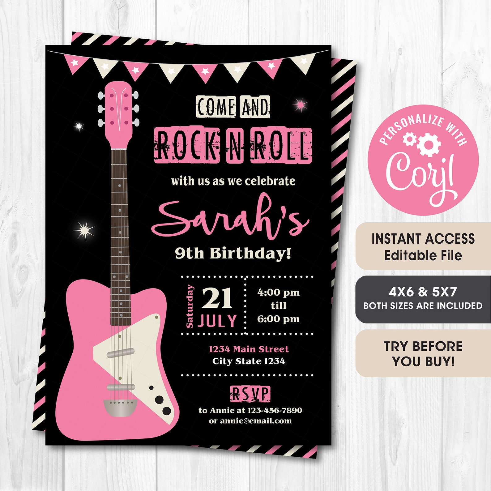 Editable Rock Star Invitation Guitar Birthday Invitation - Etsy