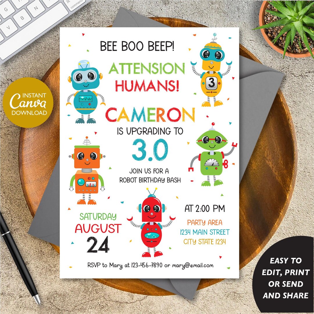 Editable Robot Birthday Invitation, Robot Party, Robot Invitation ...