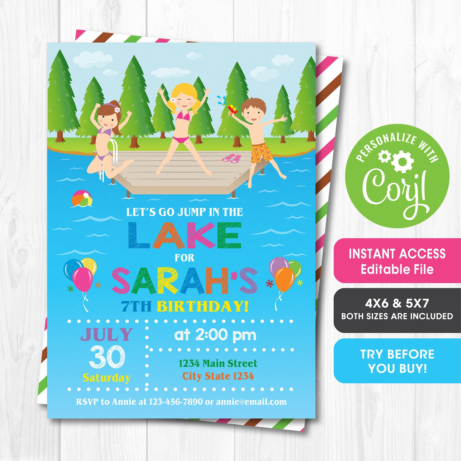 Editable Lake Birthday Invitation Lake Party Girls - Etsy