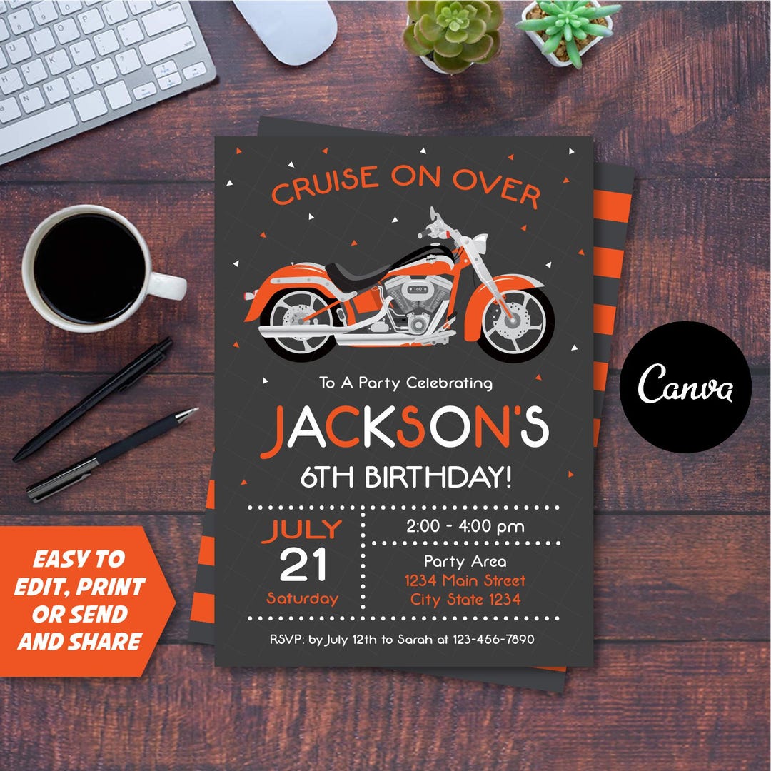 Editable, Motorcycle Birthday Invitation, Kids Motorcycle Party, Canva ...