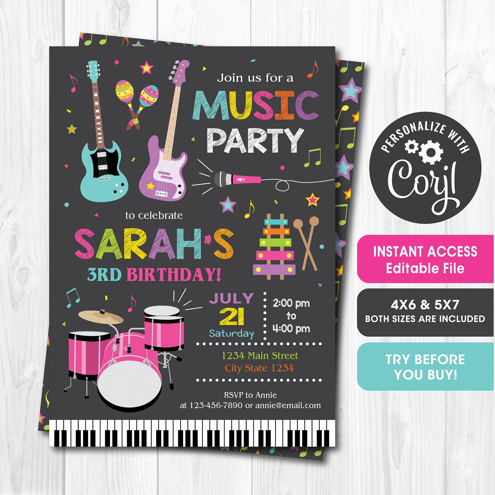 Editable Music Birthday Invitation Music Party Corjl - Etsy