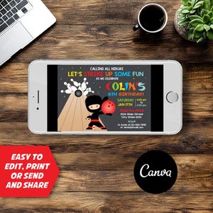 EDITABLE, Ninja Bowling Birthday Invitation, Ninja Invitation, Ninjas ...