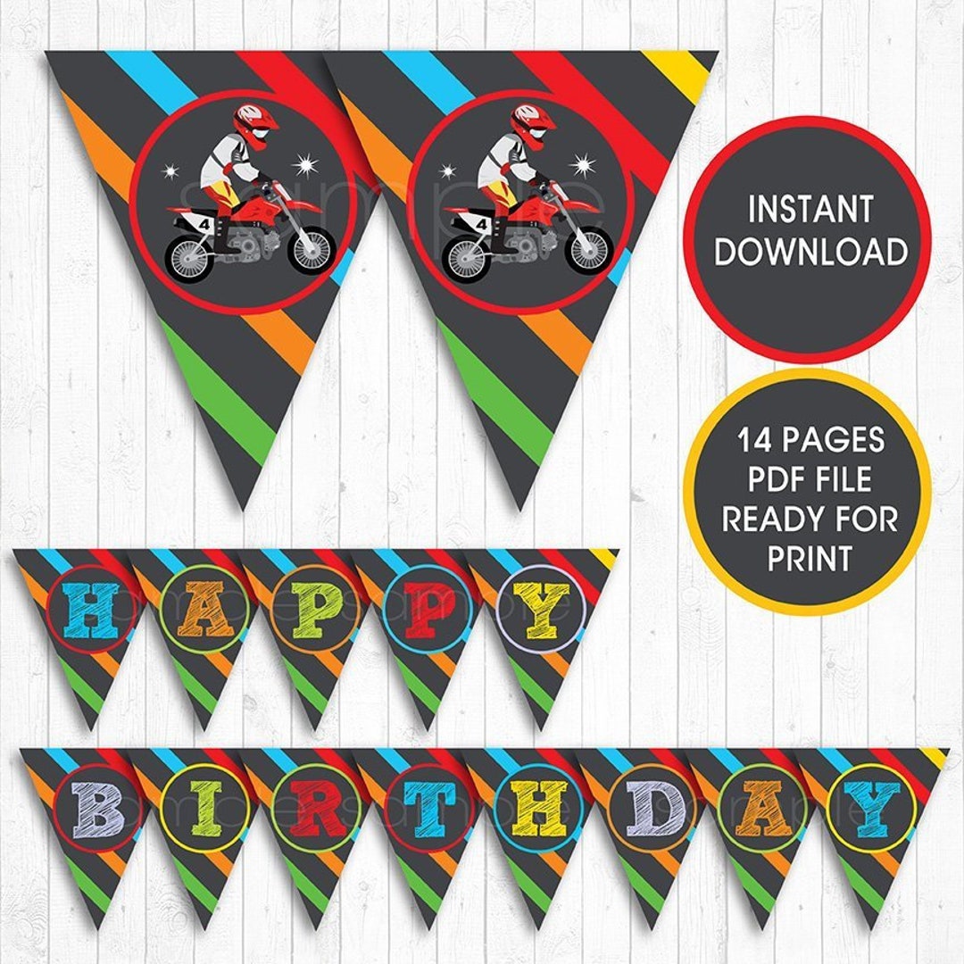 Motocross Birthday Banners, Motocross Bunting Flags, INSTANT DOWNLOAD ...
