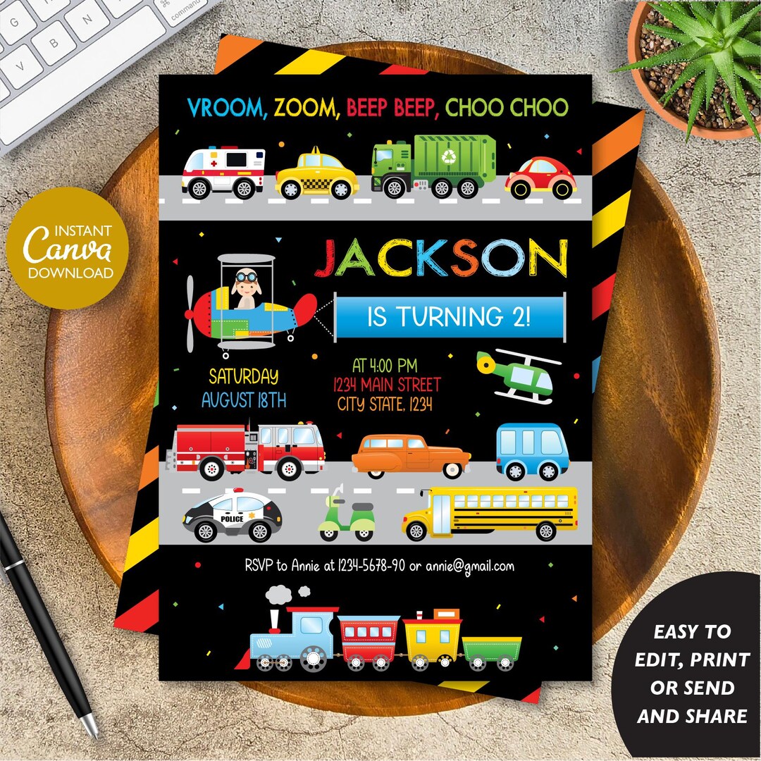 EDITABLE Transportation Birthday Invitation, Vehicle Invitation ...