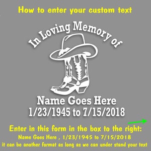 In Loving Memory of Window Decal Personalized Cowboy Hat and Boots ...