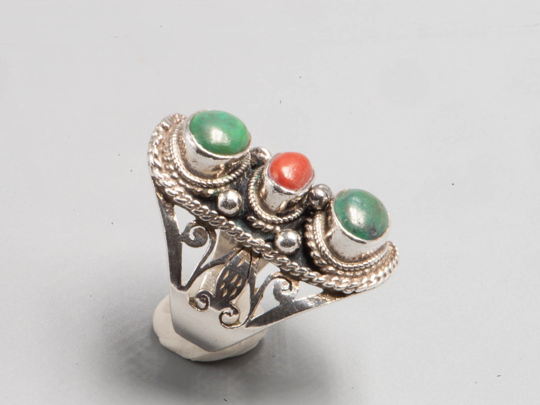 Vintage Large Coral Gemstone Silver Ring From Nepal - Etsy