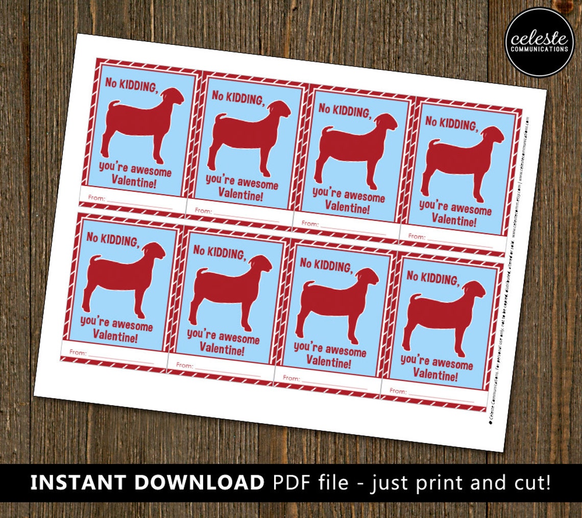 PRINTABLE Goat Valentine Card for Kids INSTANT DOWNLOAD Valentine's Day ...