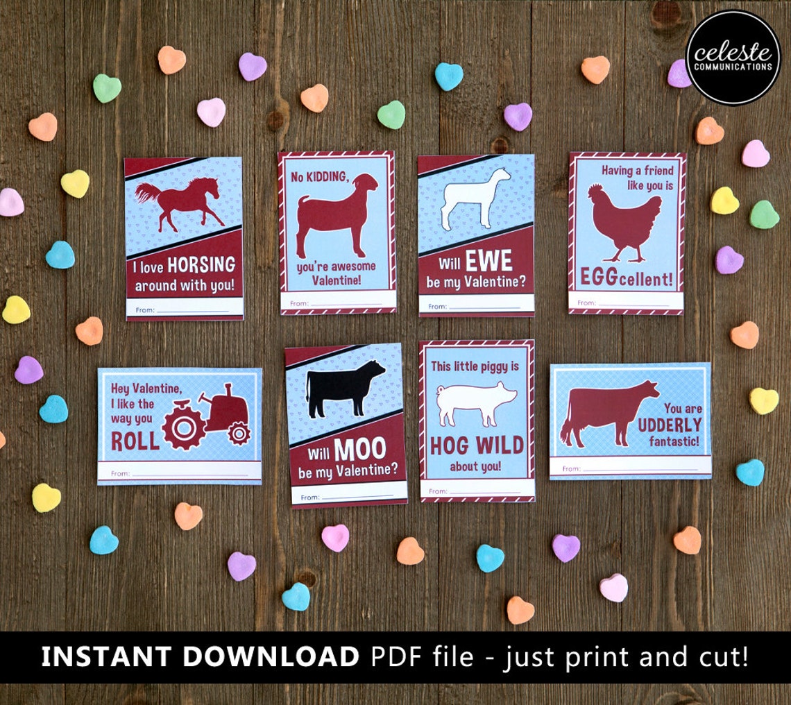 PRINTABLE Farm and Ranch Animal Assortment Valentine Cards for Kids ...