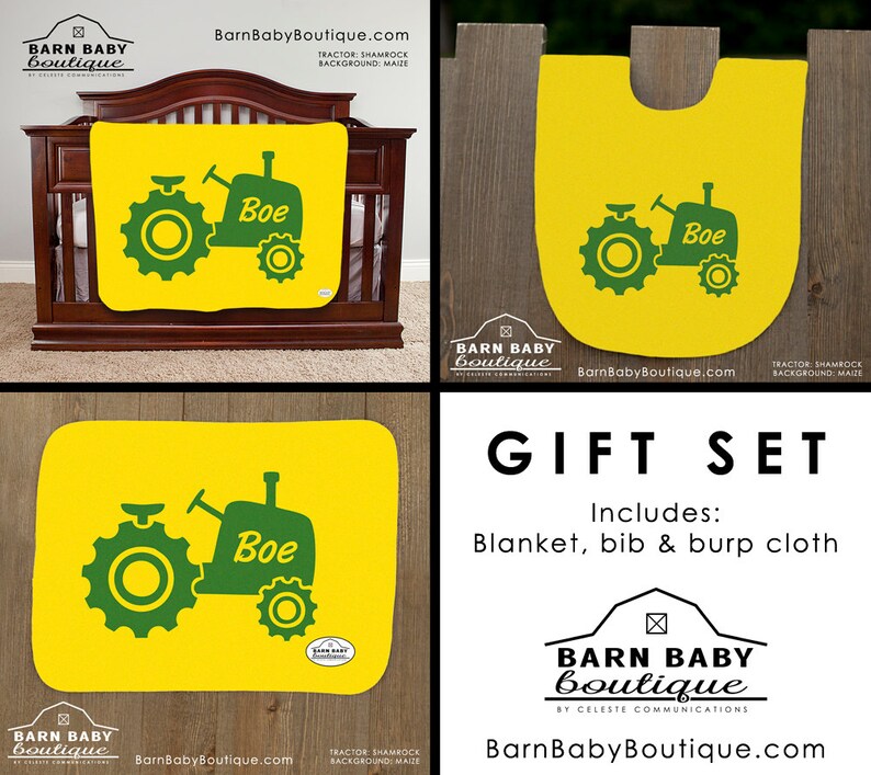 Personalized Tractor Baby Name Gift Set Blanket Burp Cloth | Etsy