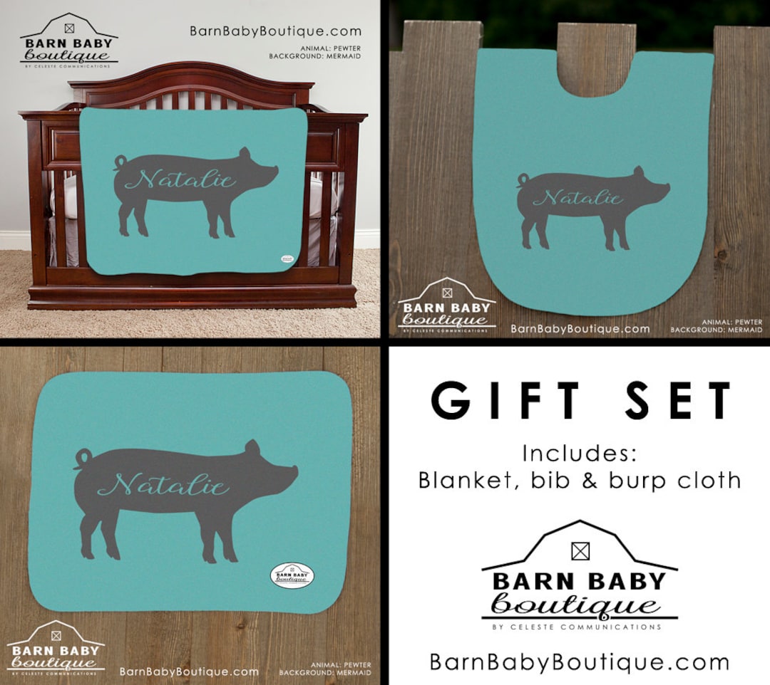 Personalized Show Pig Baby Name Gift Set - Blanket, Burp Cloth and Bib ...