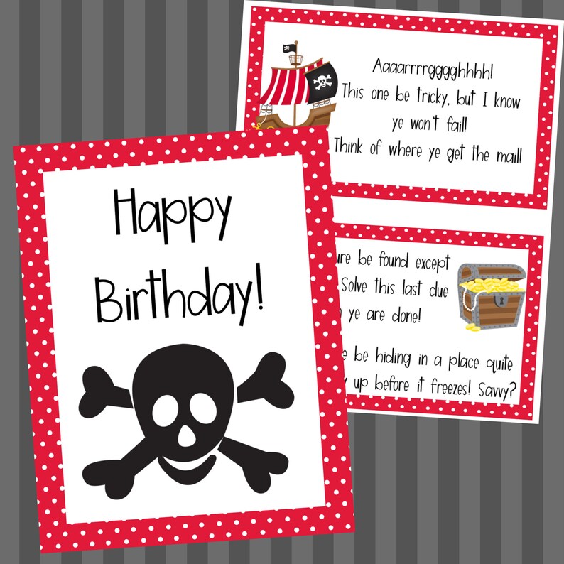 Pirate Themed Birthday Scavenger Hunt, Clue Cards, Birthday, Treasure ...