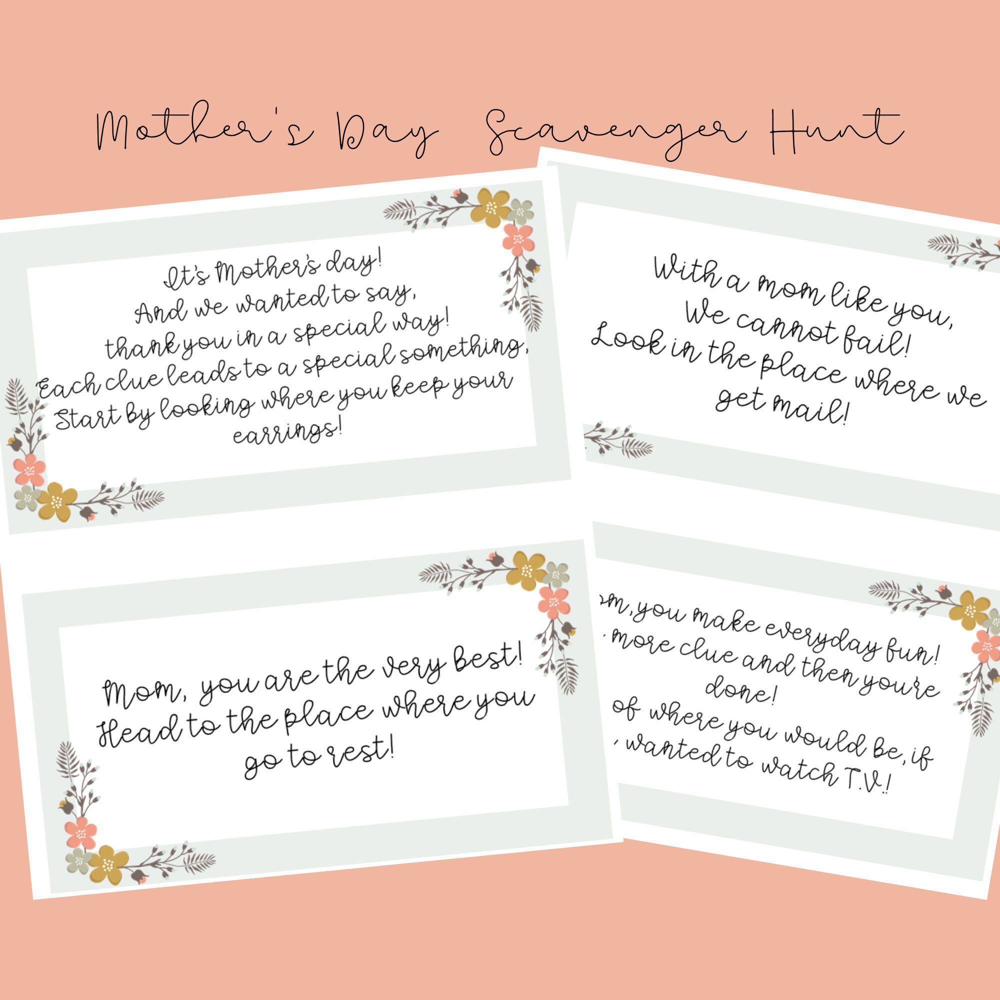 Mother's Day Scavenger Hunt, Mother's Day Clue Cards, 10 Clues, Instant ...