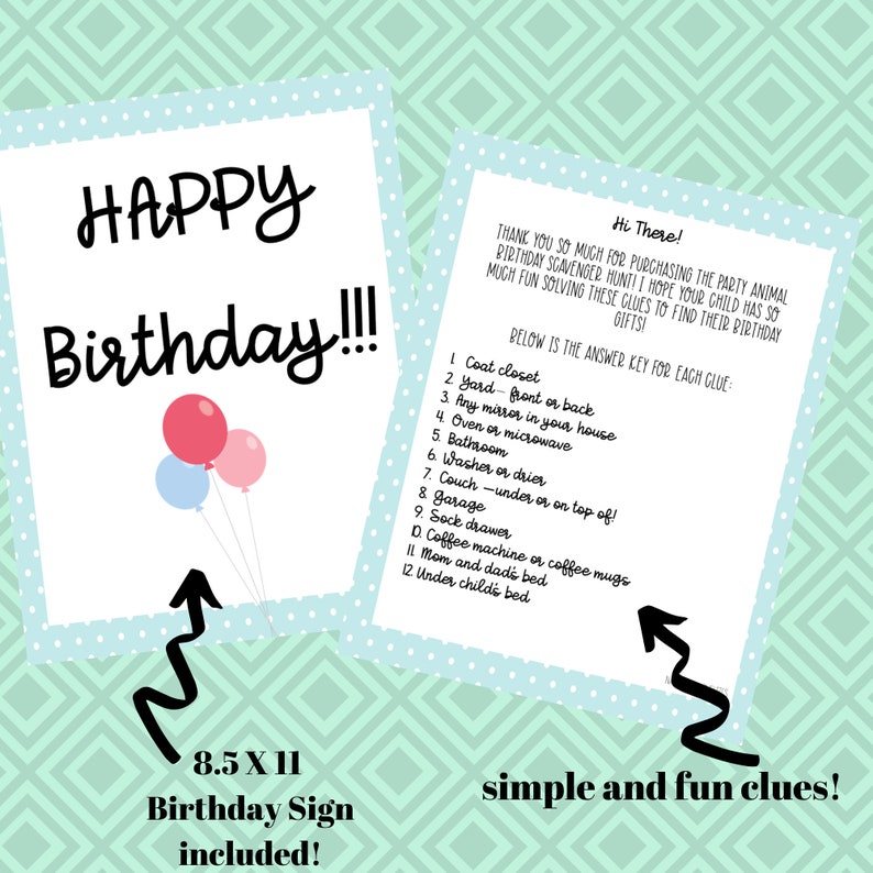 Birthday Scavenger Hunt Clue Cards, 12 Clues, Simple, Fun, Party Animal ...