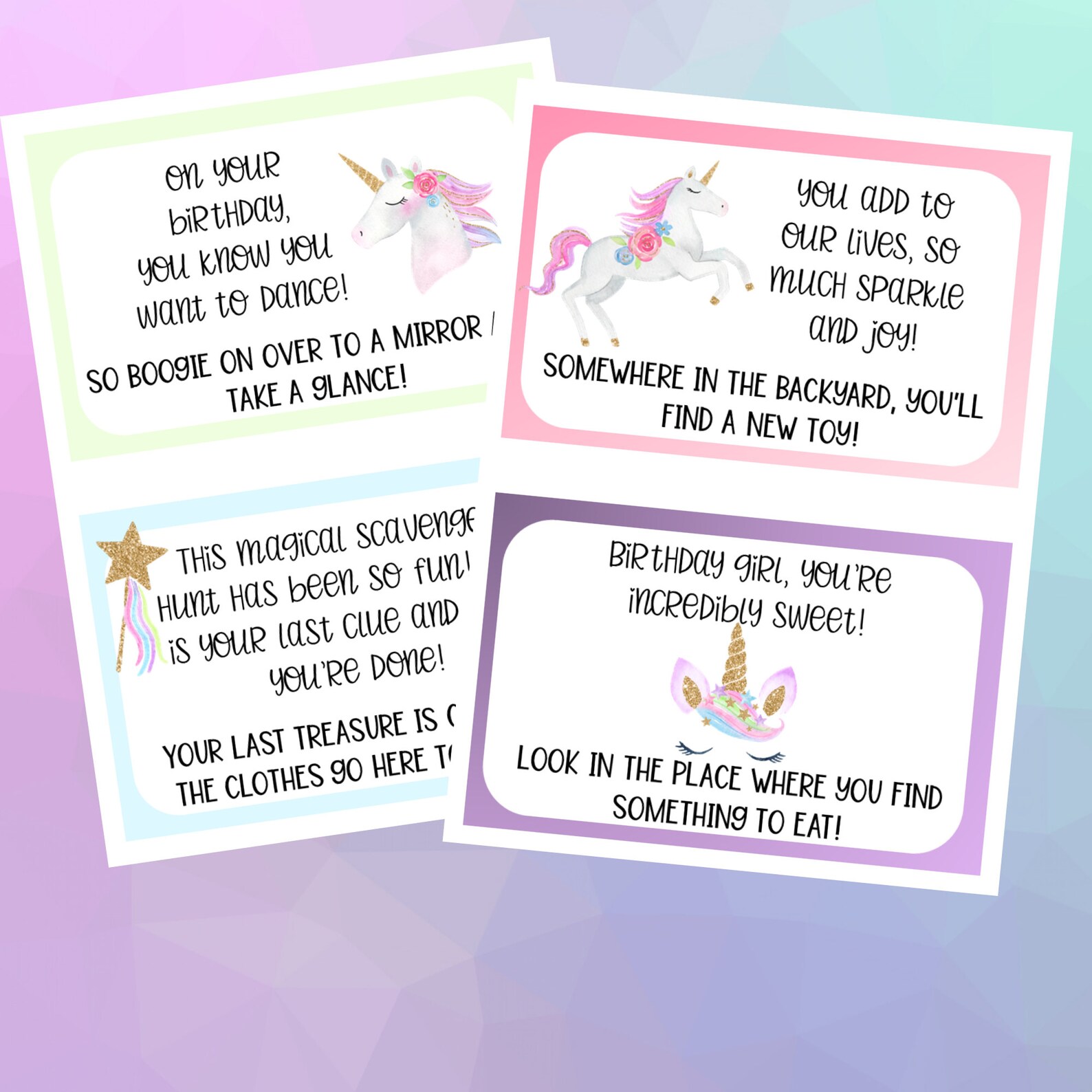 Unicorn Birthday Scavenger Hunt, Birthday Clue Cards, Unicorn Theme ...