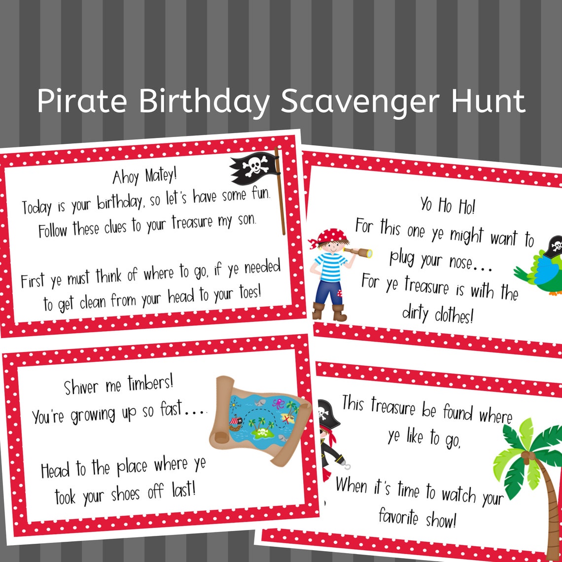 Pirate Themed Birthday Scavenger Hunt, Clue Cards, Birthday, Treasure ...