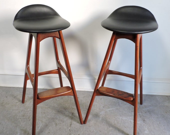 Pair Original Mid Century Danish Modern Erik Buck Buch Teak Bar Stools ...