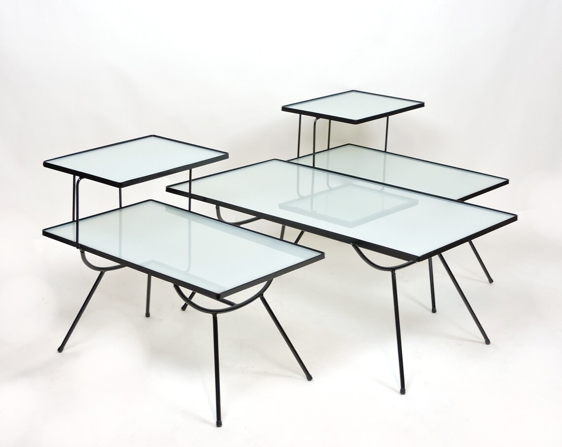 Set of Mid-century Modern Nelson Style Iron and Glass Tables by Frank ...