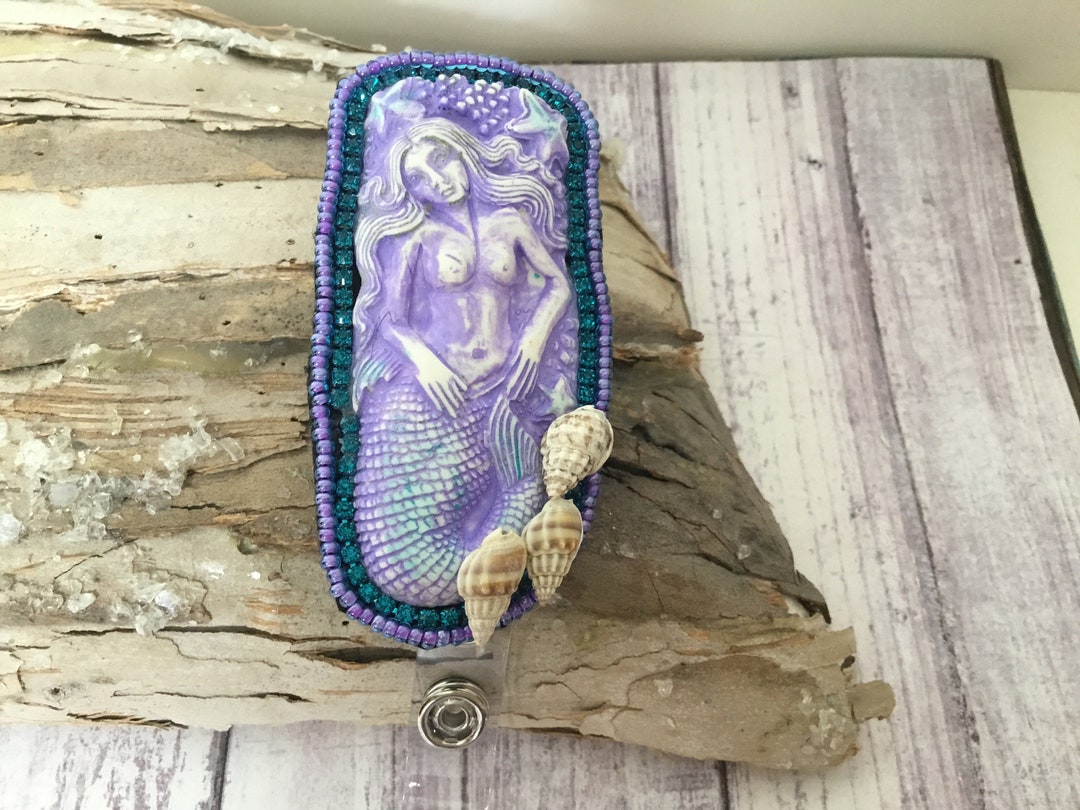 Hand-painted Mermaid Badge Reel: Polymer Clay Retractable Badge - Etsy