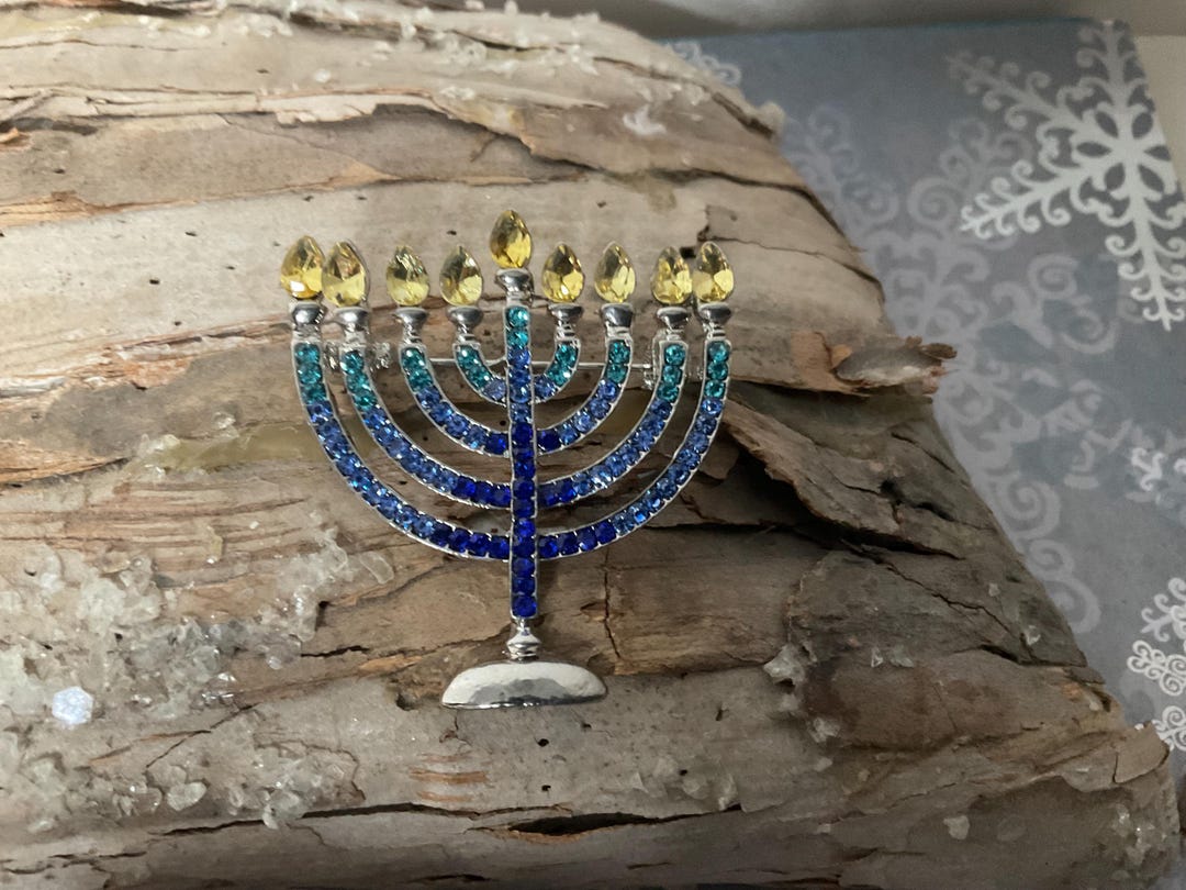 Menorah Brooch Pin, Vintage Hanukkah Pin, Blue Gorgeous Menorah Pin, Comes With Gorgeous Black ...