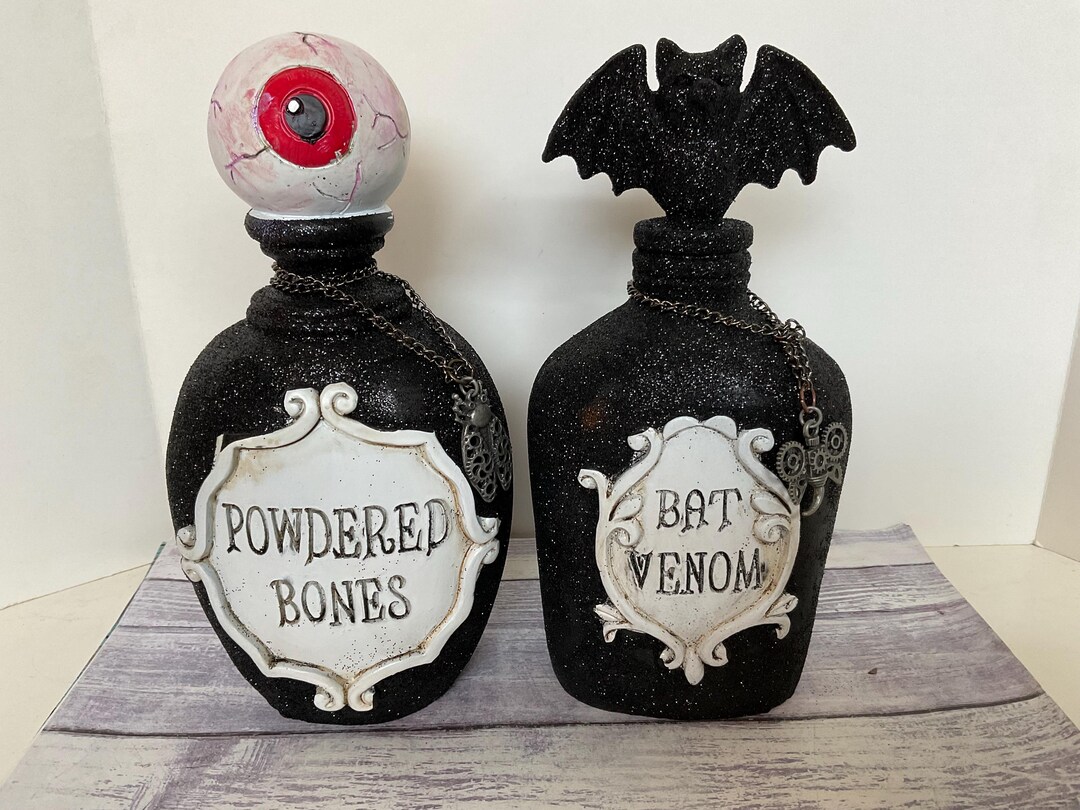 Black Glitter Halloween Potion Bottles: Bat Venom or Powdered Bones - Etsy