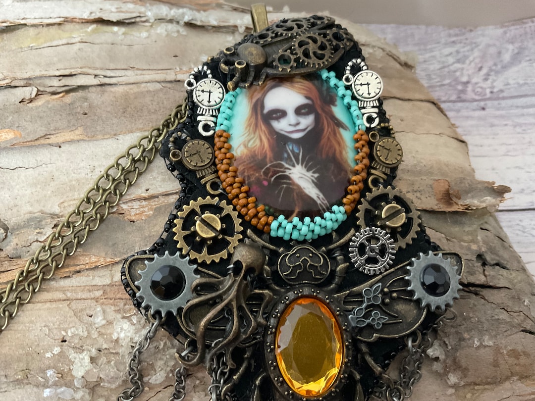 Bead Embroidered Pendant/girl-gothic Steampunk Girl Pendant-beaded ...