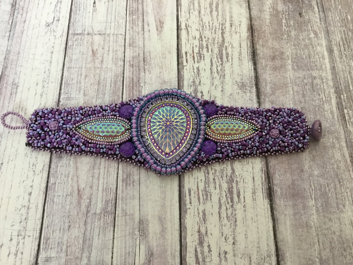 Bead embroidered bracelet boho beaded cuff bead embroidery | Etsy