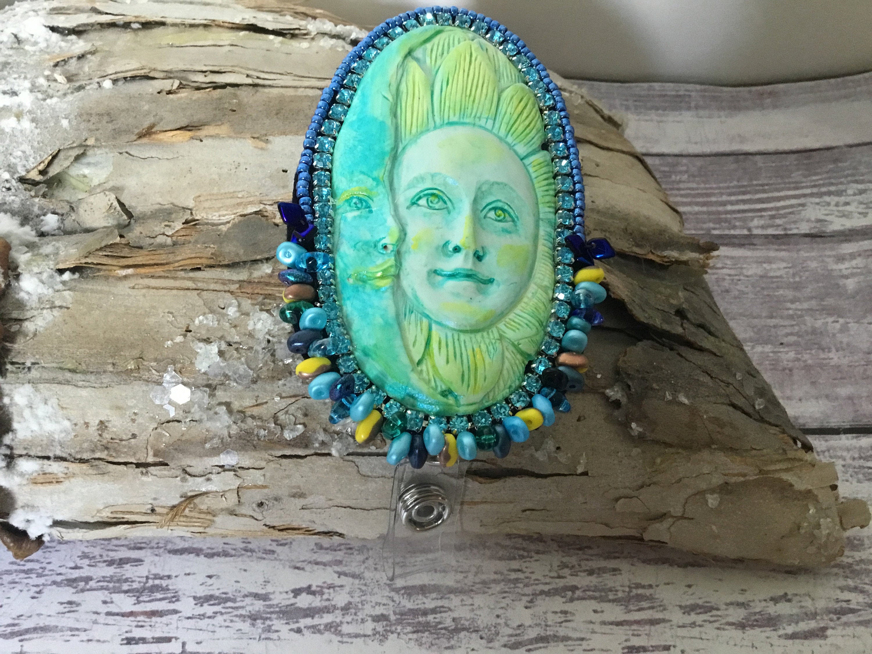 Moon sun Badge reel hand painted custom badge reel polymer | Etsy