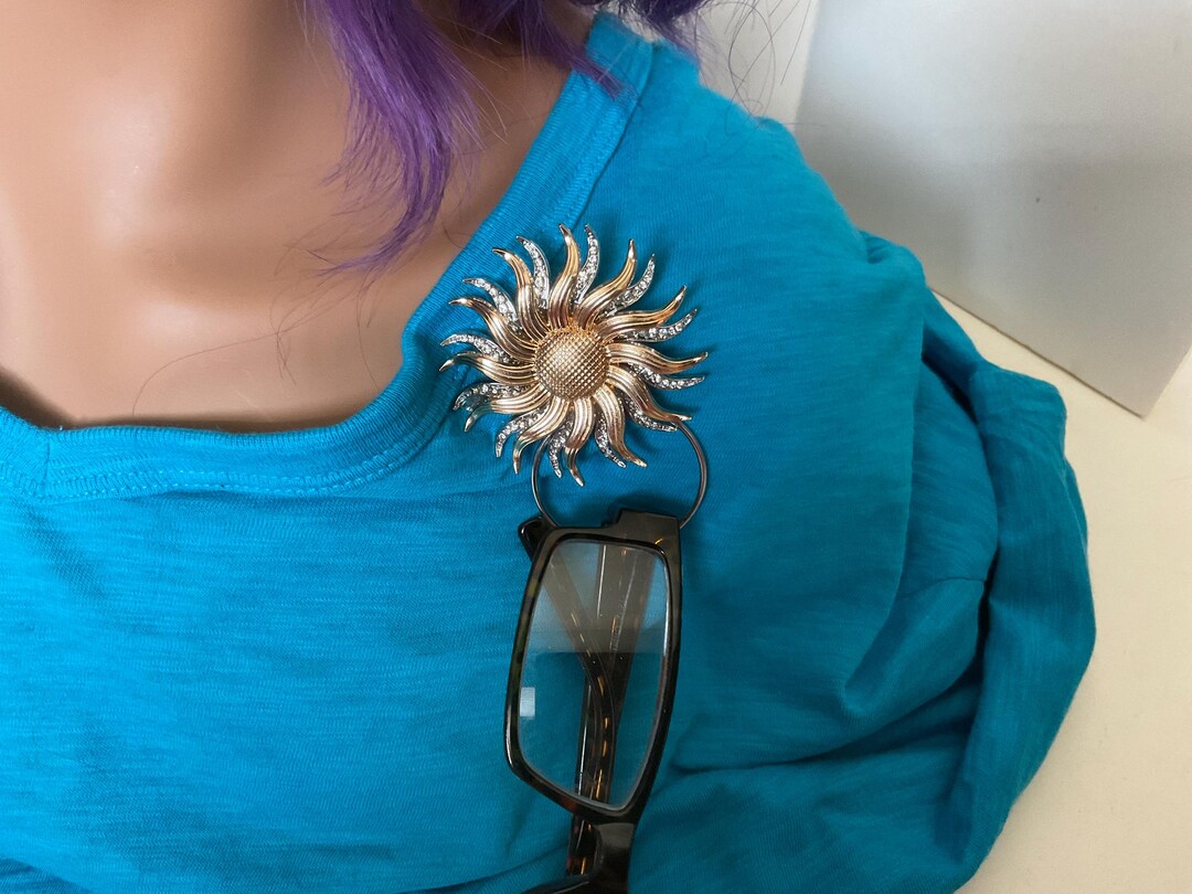 Vintage Eyeglass Holder Pin, Rhinestone Sun Burst Eyeglass Holder ...