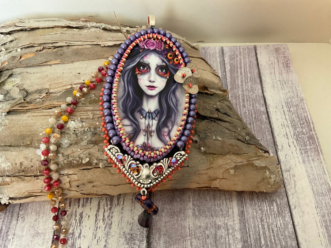 Bead Embroidered Pendant/girl Gothic Girl Pendant-beaded Necklace Woman ...