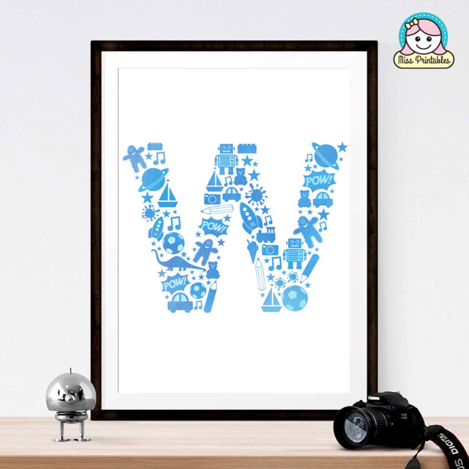 Monogram Art Print - Blue Letter W With Child's Icons. Boy or Girl Wall ...