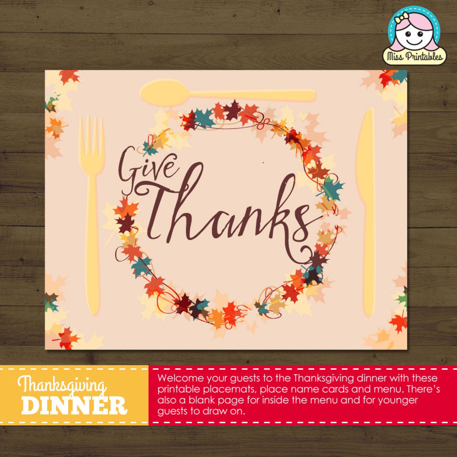 Thanksgiving Placemats, Menu and Place Cards Printables. Instant ...