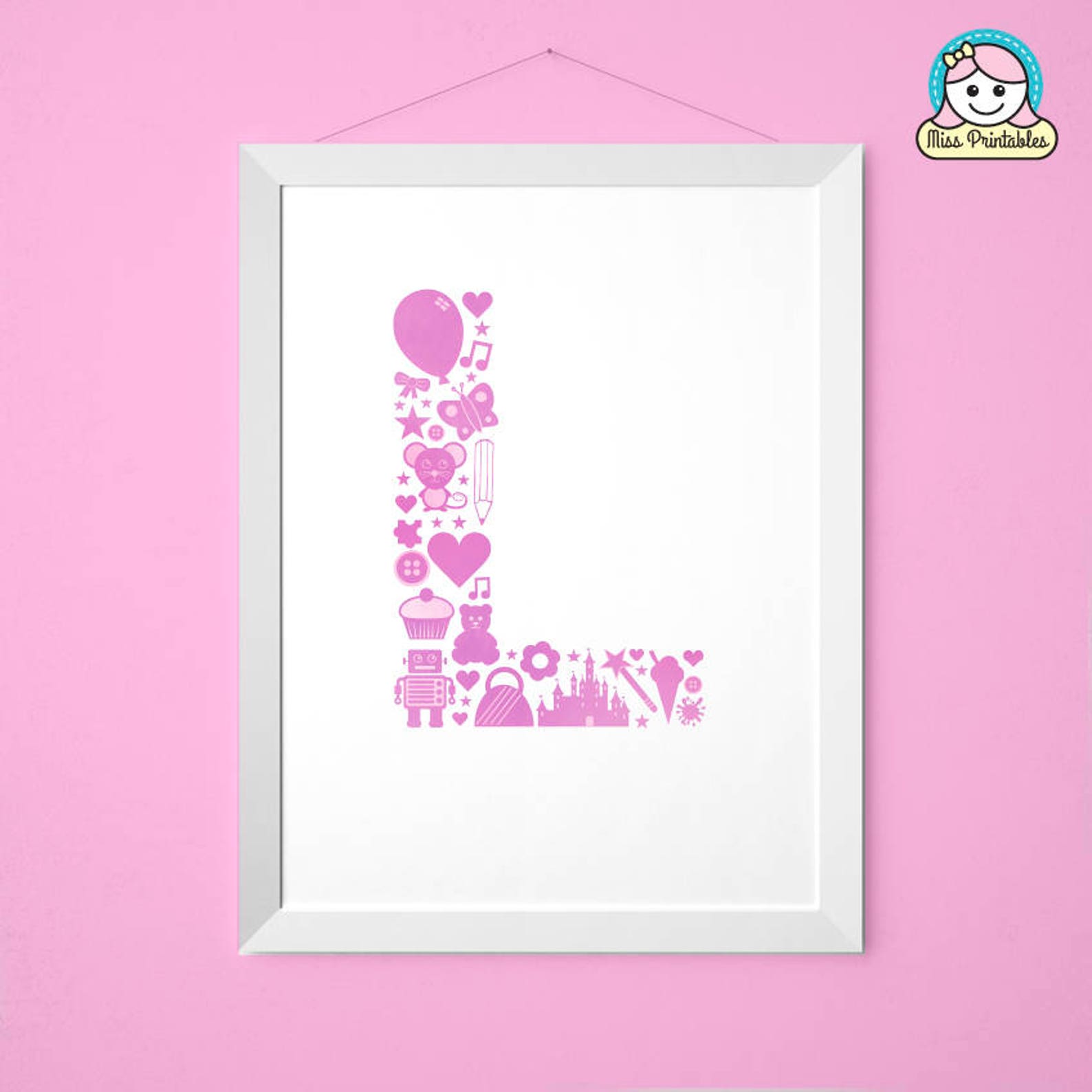 Monogram Art Print - Pink Letter L With Child's Icons. Monogram Poster ...