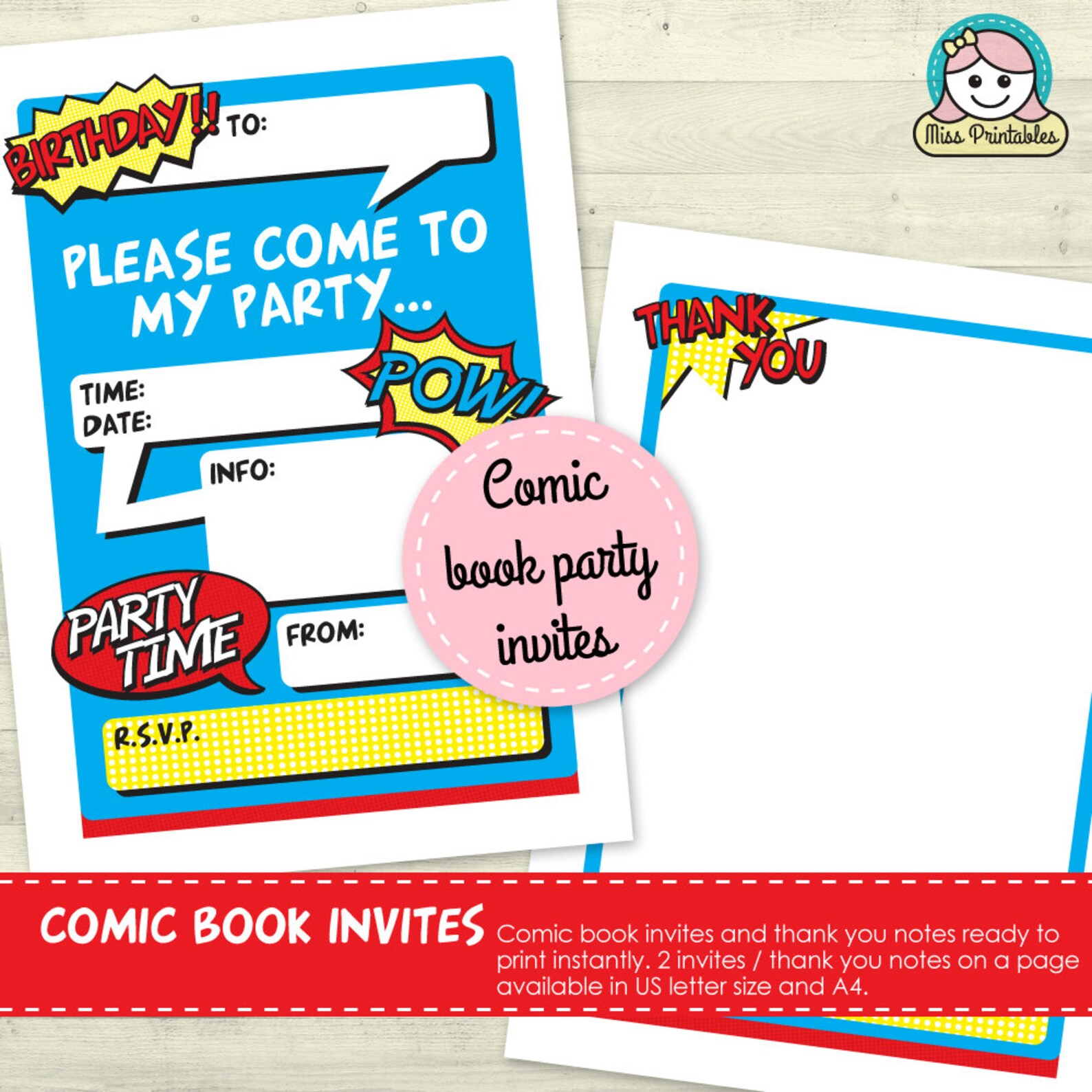 Comic Book Superhero Party Invitations - Etsy