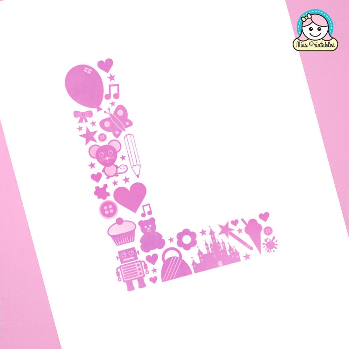 Monogram Art Print Pink Letter L With Child's Icons. | Etsy