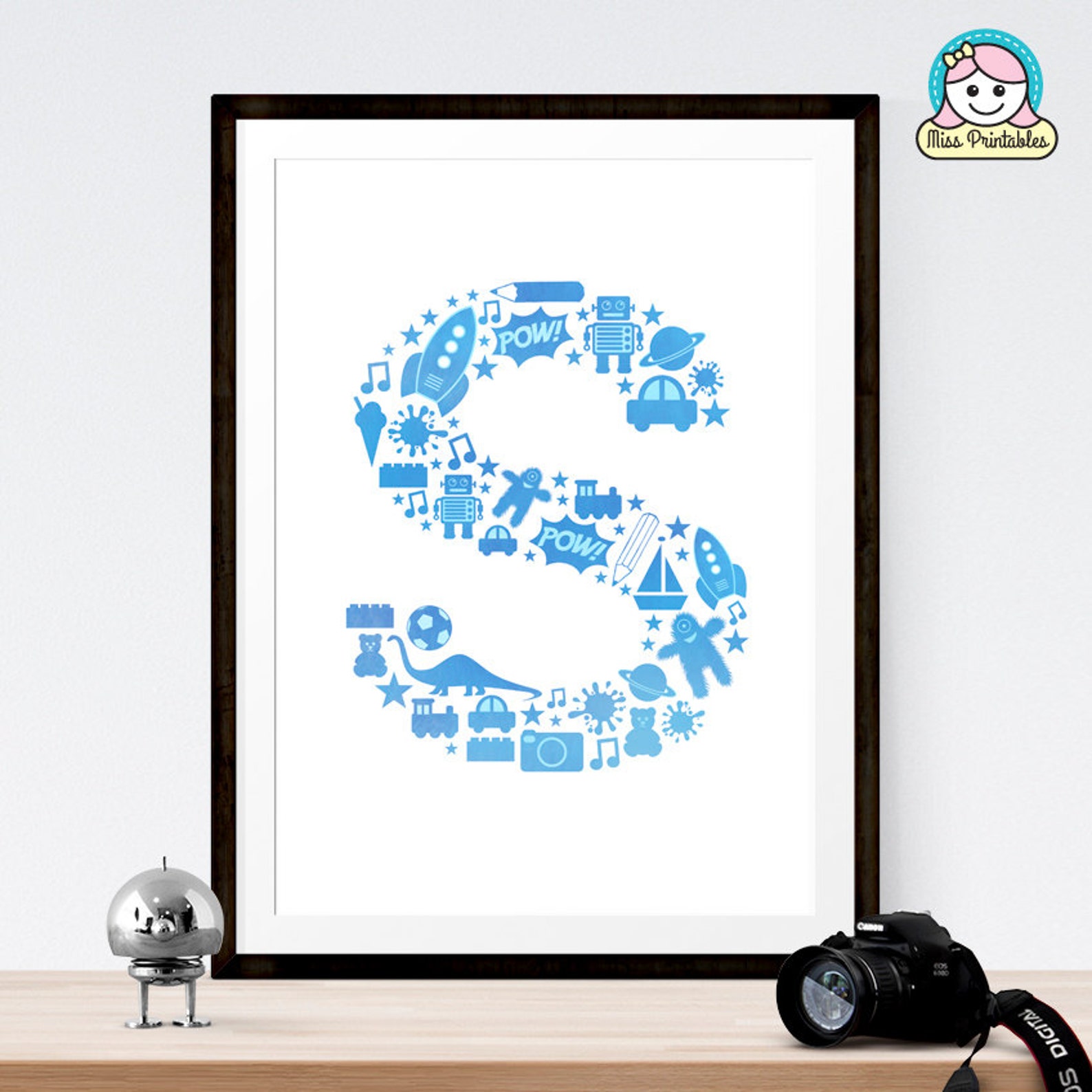 Monogram Art Print - Blue Letter S With Child's Icons. Boy or Girl Wall ...