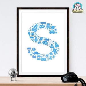 Monogram Art Print - Blue Letter S With Child's Icons. Boy or Girl Wall ...
