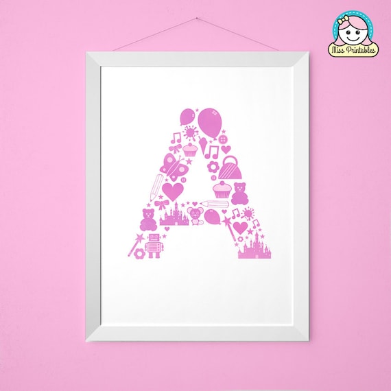 Monogram Art Print Pink Letter A With Child's Icons. - Etsy