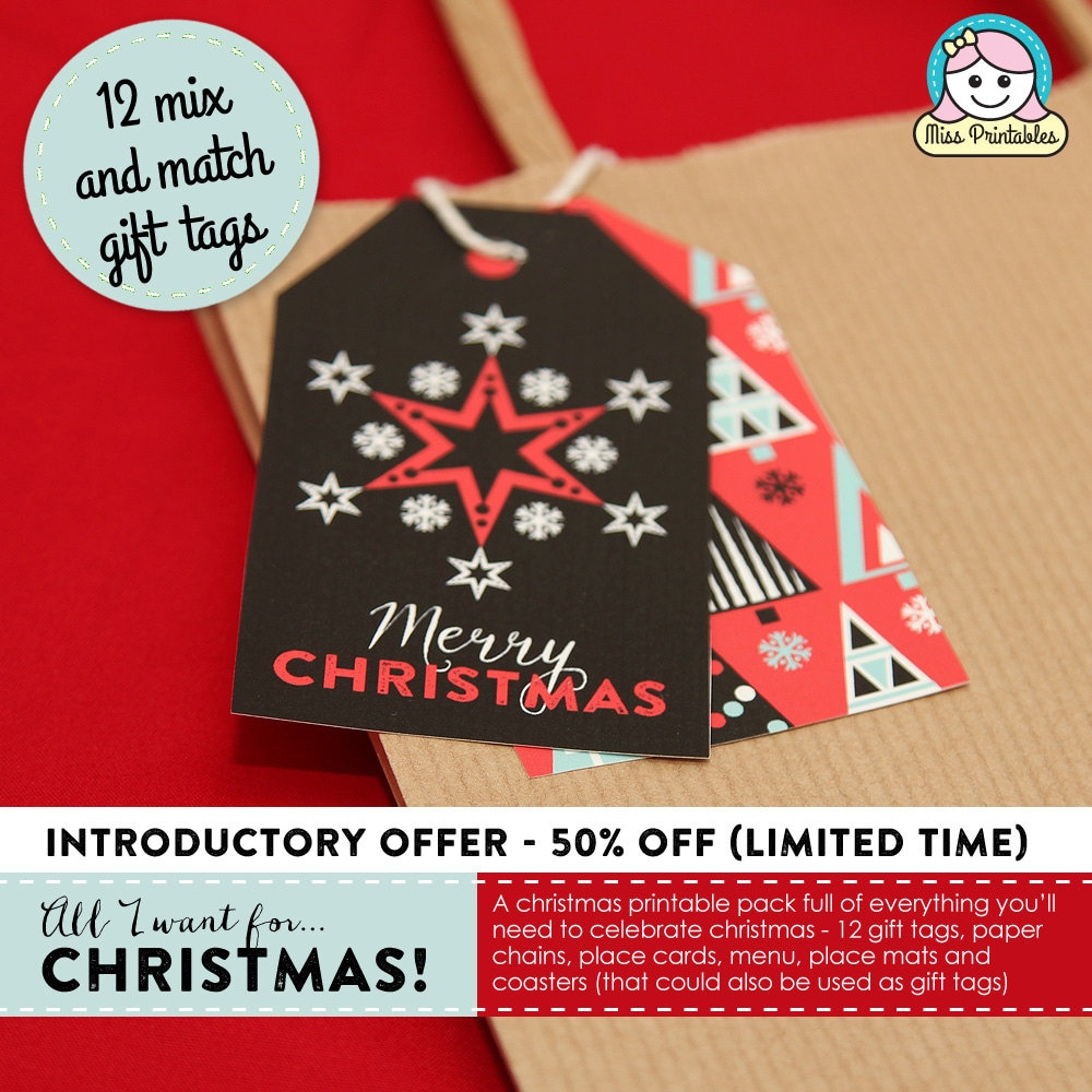 Christmas Printable Package Red and Black Gift Tags, Paper Chains, Menu ...