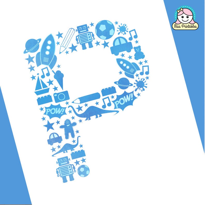 Monogram Art Print Blue Letter P With Child's Icons. Boy or Girl Wall ...