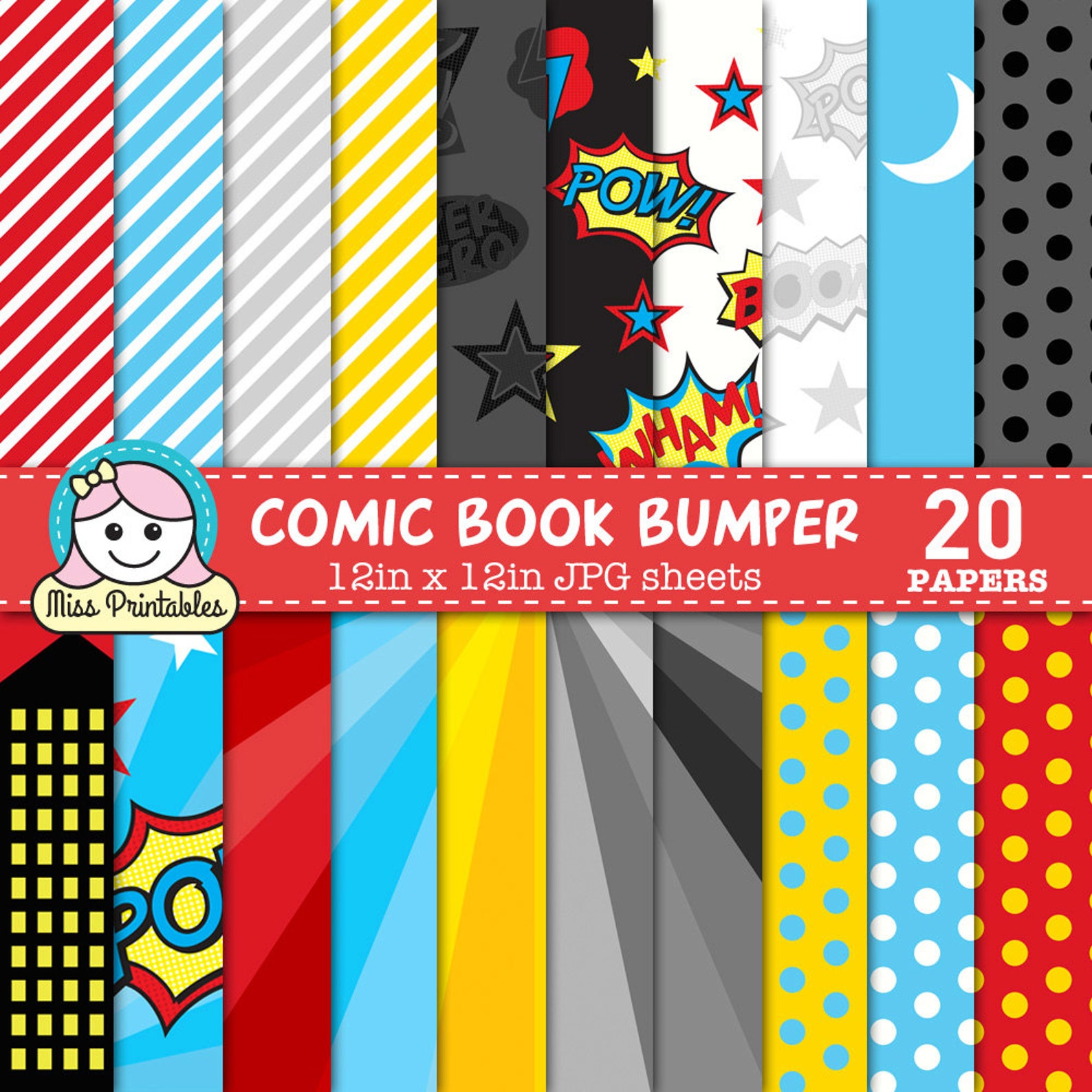 COMIC BOOK Superhero Digital Paper Pack Printable, Pattern Designs for ...