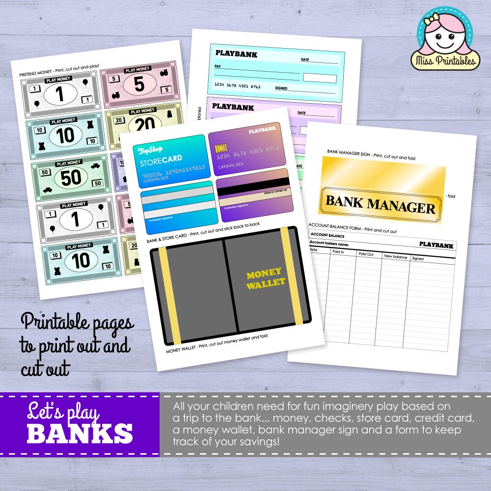 Printable Bank Set for Children's Pretend Play - Etsy