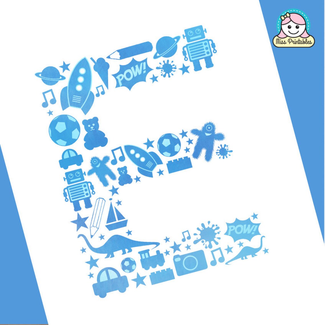 Monogram Art Print Blue Letter E With Child's Icons. Boy and Girl Wall ...