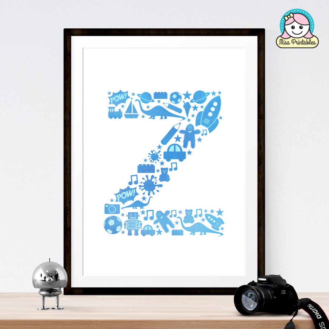 Monogram Art Print - Blue Letter Z With Child's Icons. Boy or Girl Wall ...