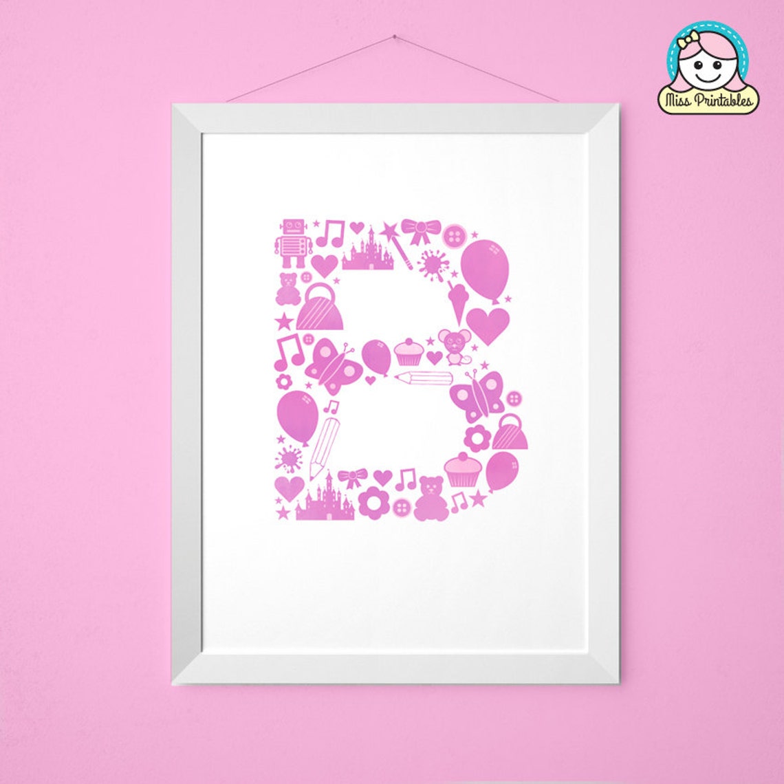 Monogram Art Print Pink Letter B With Child's Icons. Monogram Poster ...